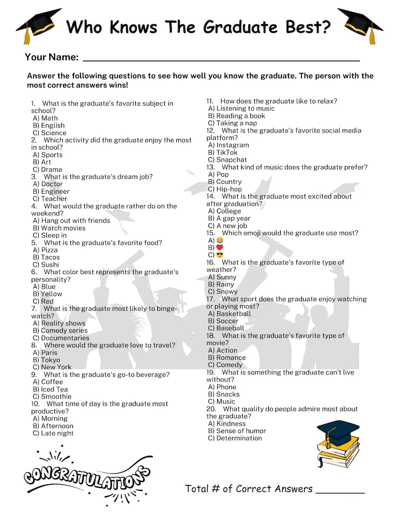 Who Knows the Graduate Best Game – Printable Graduation Party Trivia ...