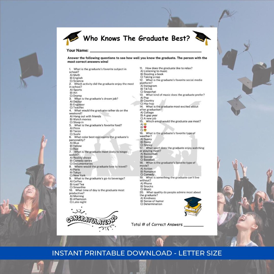 Who Knows the Graduate Best Game – Printable Graduation Party Trivia ...