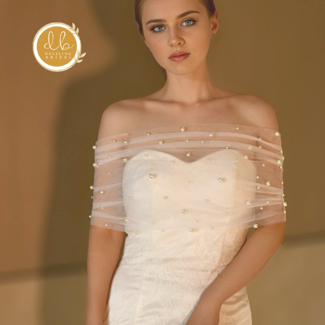 Off the Shoulder Bridal Shawl, Tulle Bridal Wrap Pearl,off the Shoulder ...