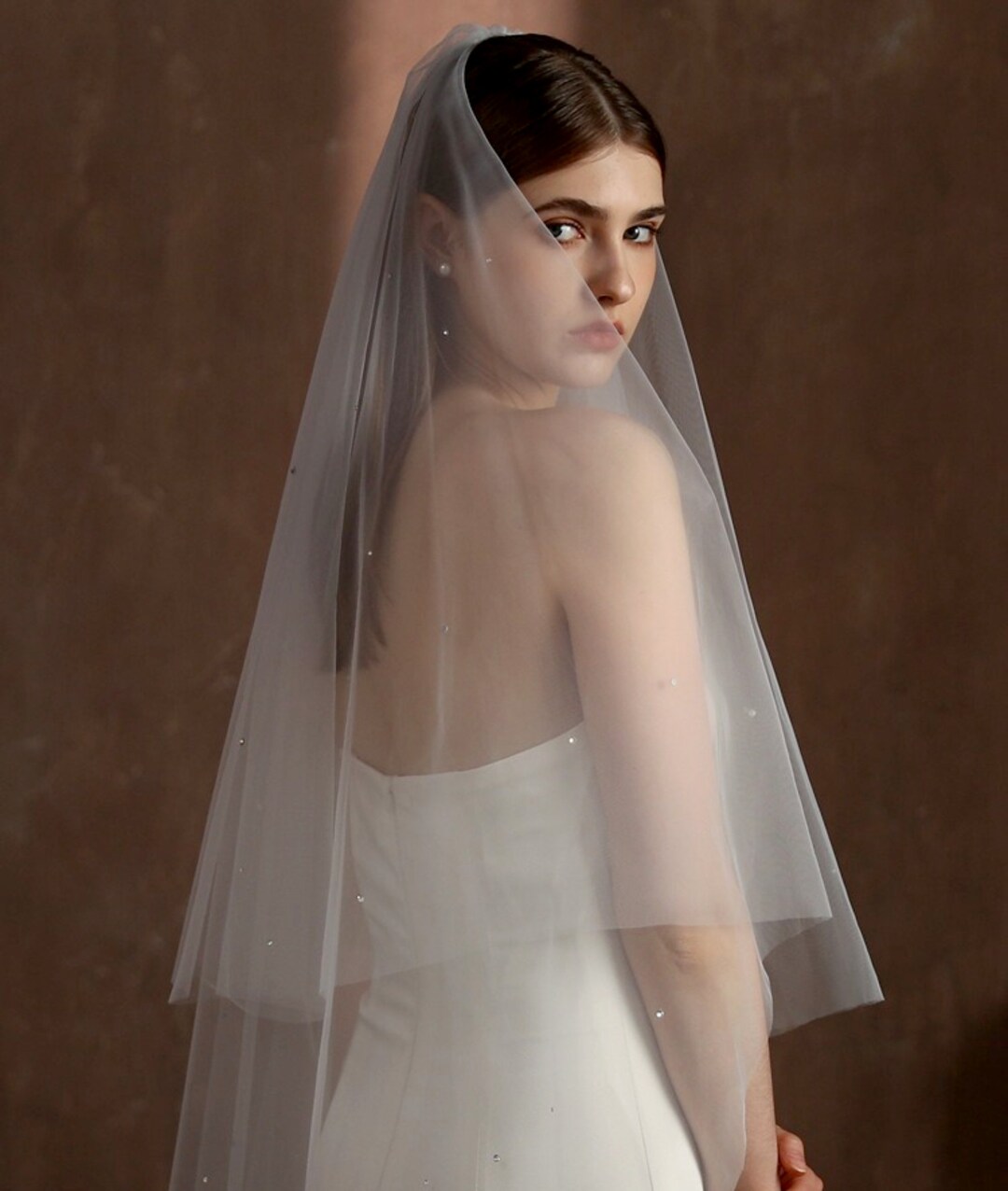 Scattered Rhinestone Wedding Veil With Blusher, Rhinestone Bridal Veil ...