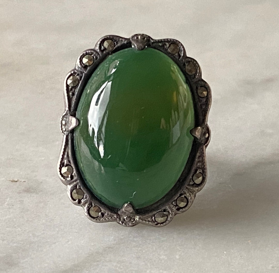 Vintage Silver Ring Large Green Stone Marcasite Size 3 - Etsy