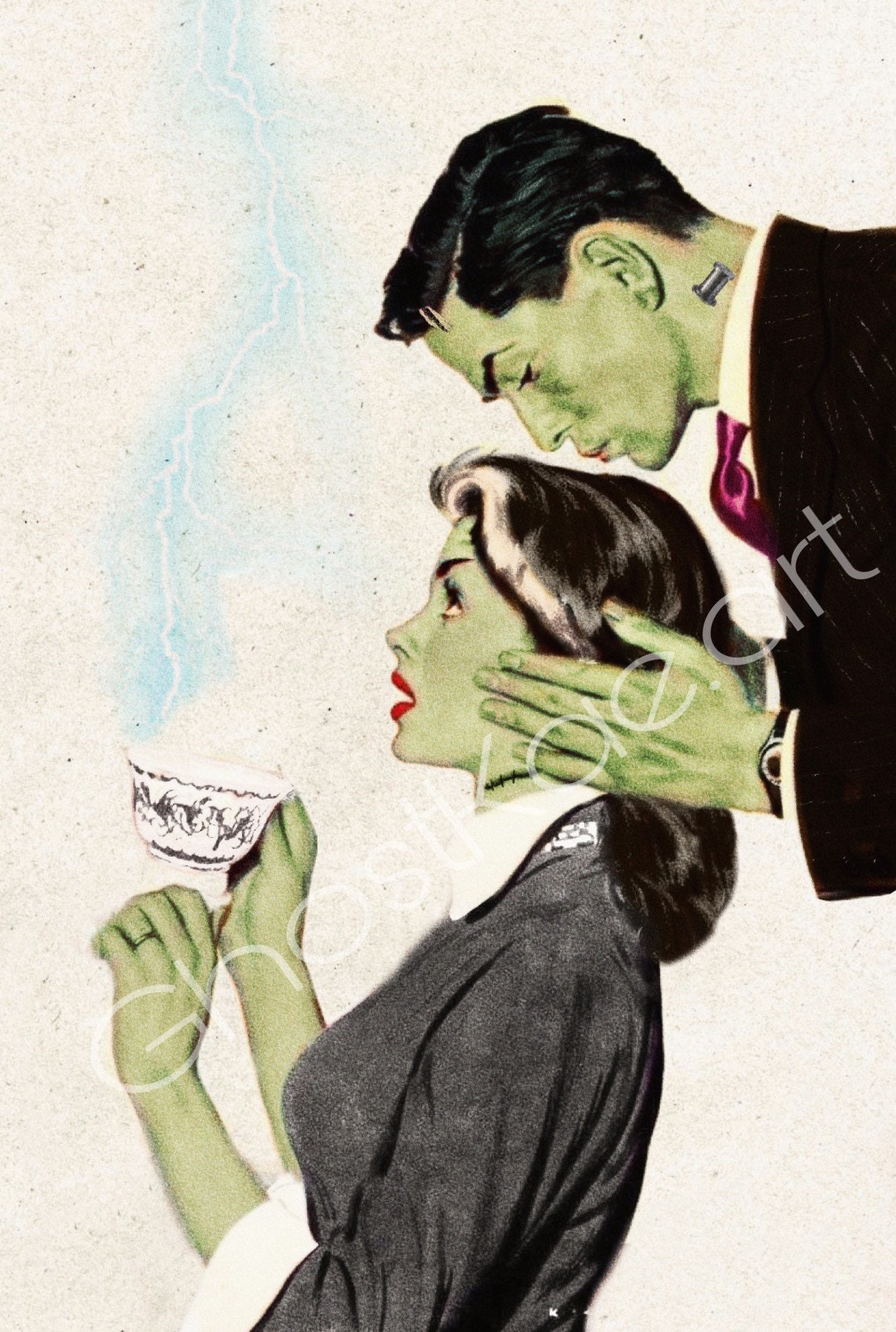 Frankenstein and Bride of Frankenstein Pulp Art / Pin up Print - Etsy