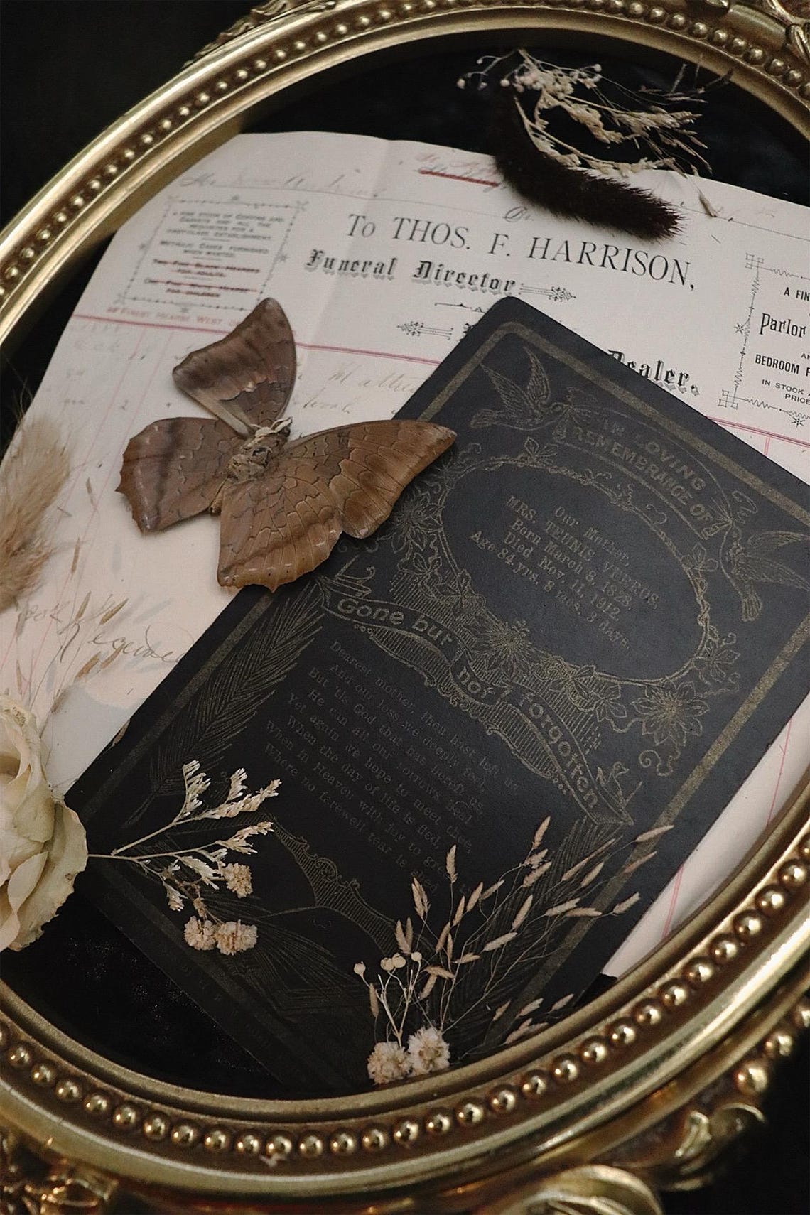 Antique Victorian Style Funeral Card Mourning Memorial Frame Butterfly ...