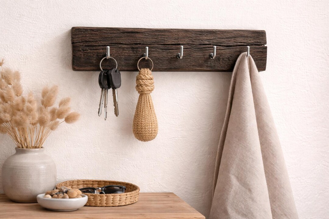 Rustic Reclaimed Wood Key Holder With 5 Hooks, Farmhouse Wabi Sabi ...