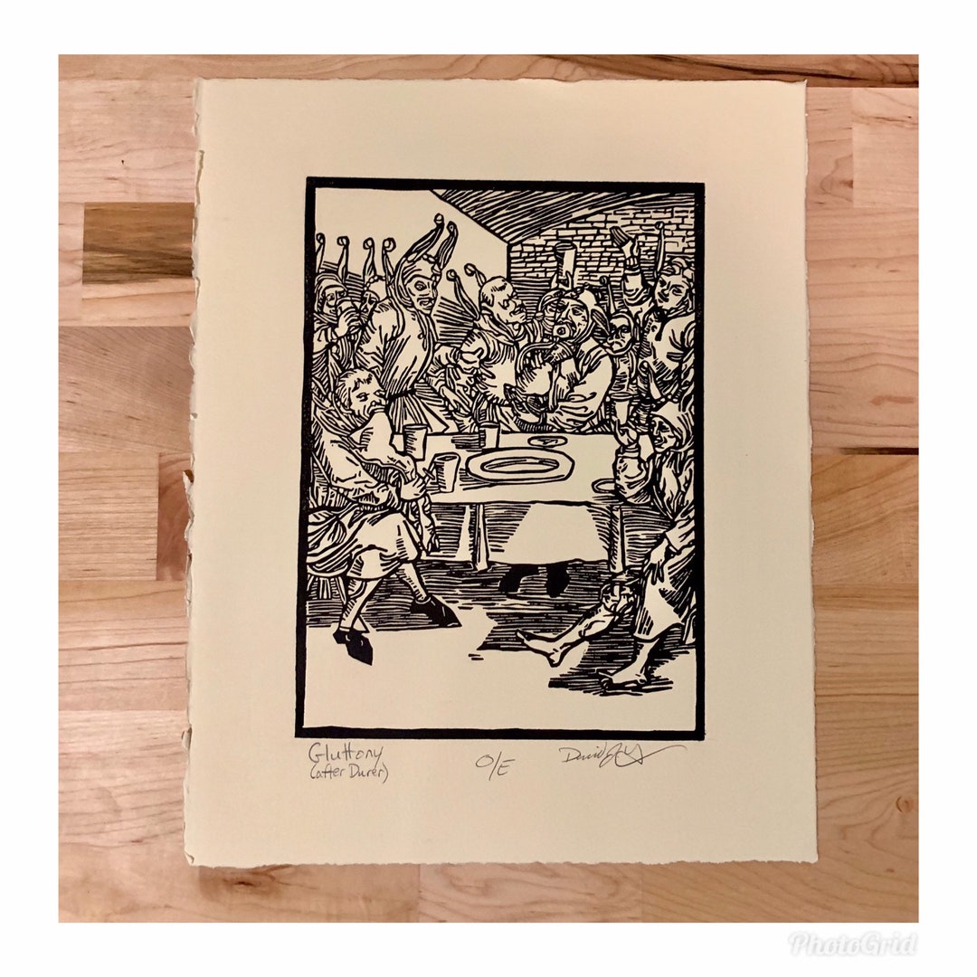 Handmade Linocut Fine Art Print Durer Fool Jester Wall Art - Gluttony ...