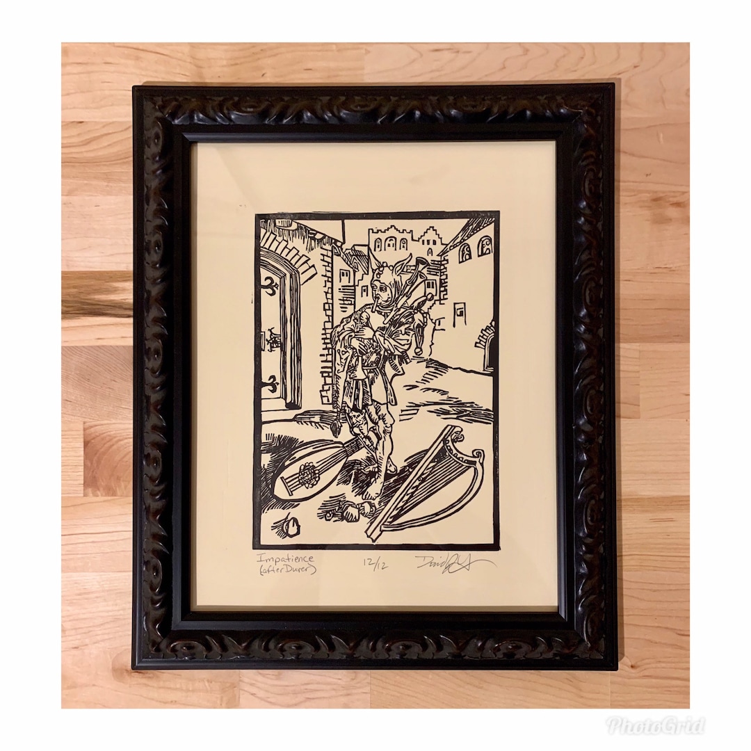 Handmade Linocut Fine Art Print Durer Fool Jester Wall Art - Impatience ...