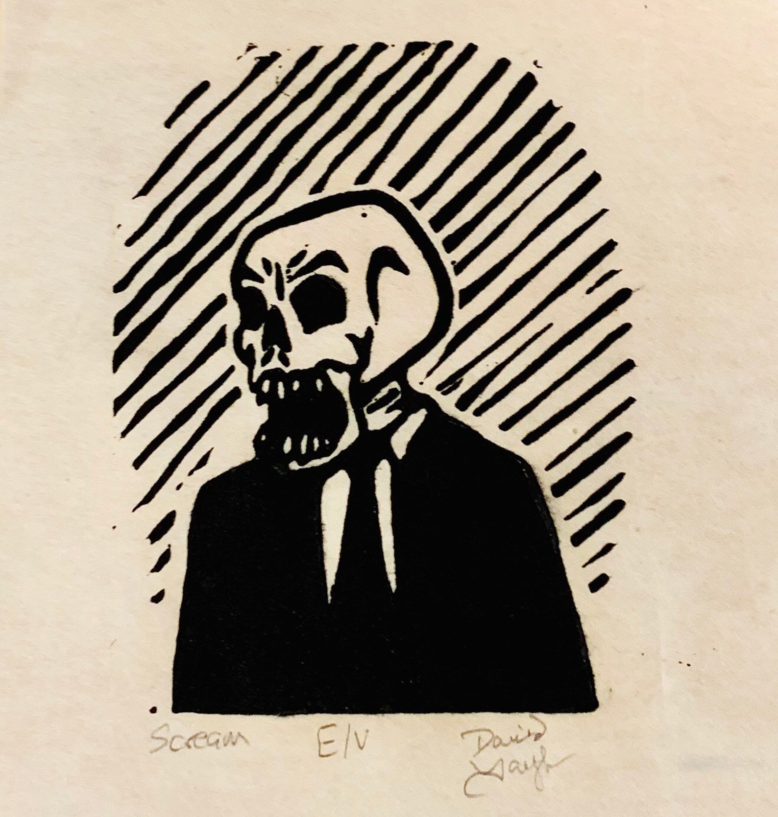 Handmade Linocut Fine Art Print Wall Art - Scream - Skull Skeleton ...