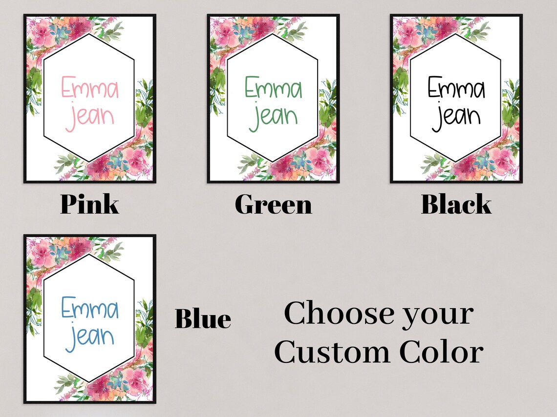 Floral Name Print Custom Name Emma Name Nursery Name | Etsy