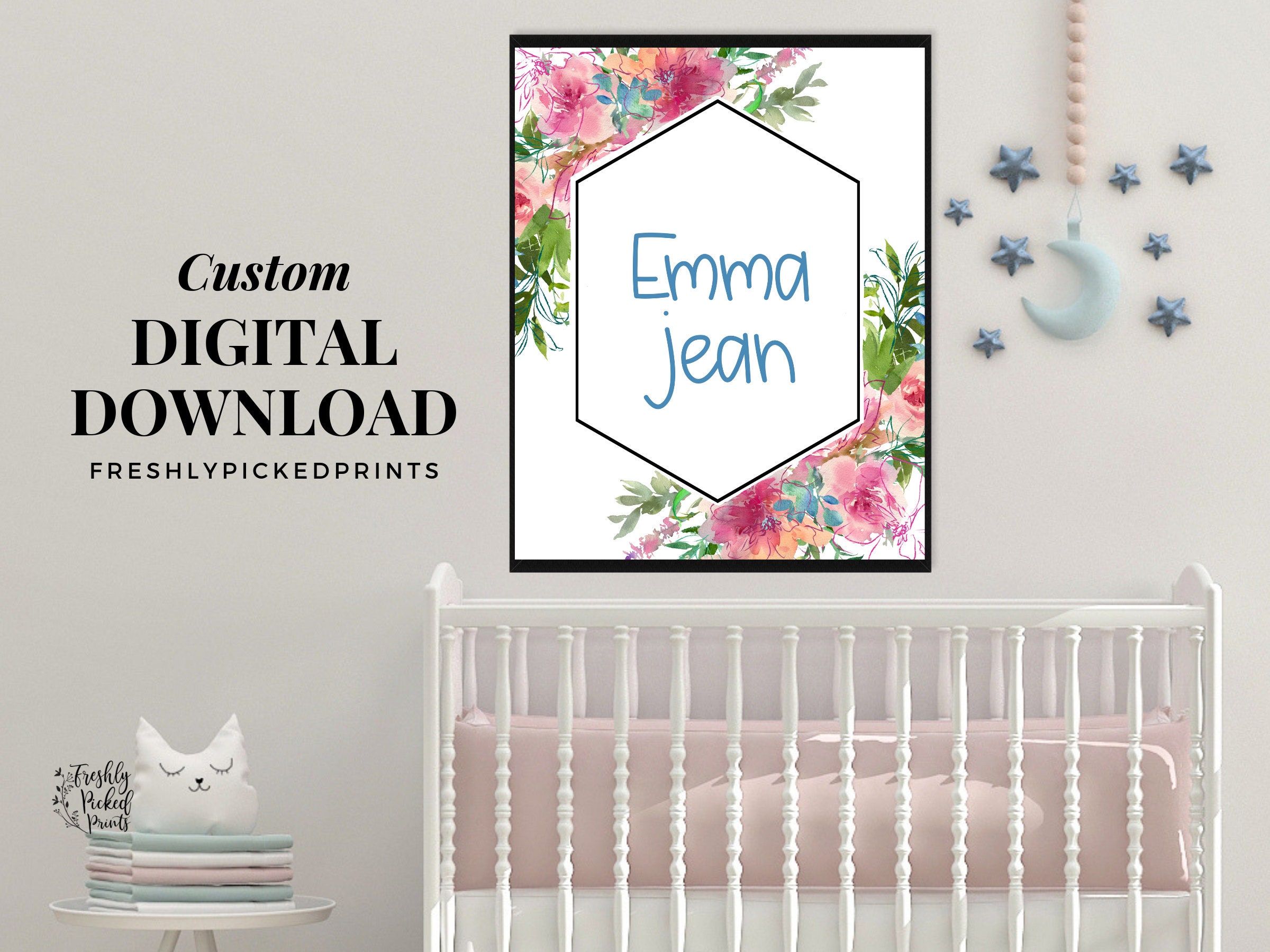 Floral Name Print Custom Name Emma Name Nursery Name - Etsy