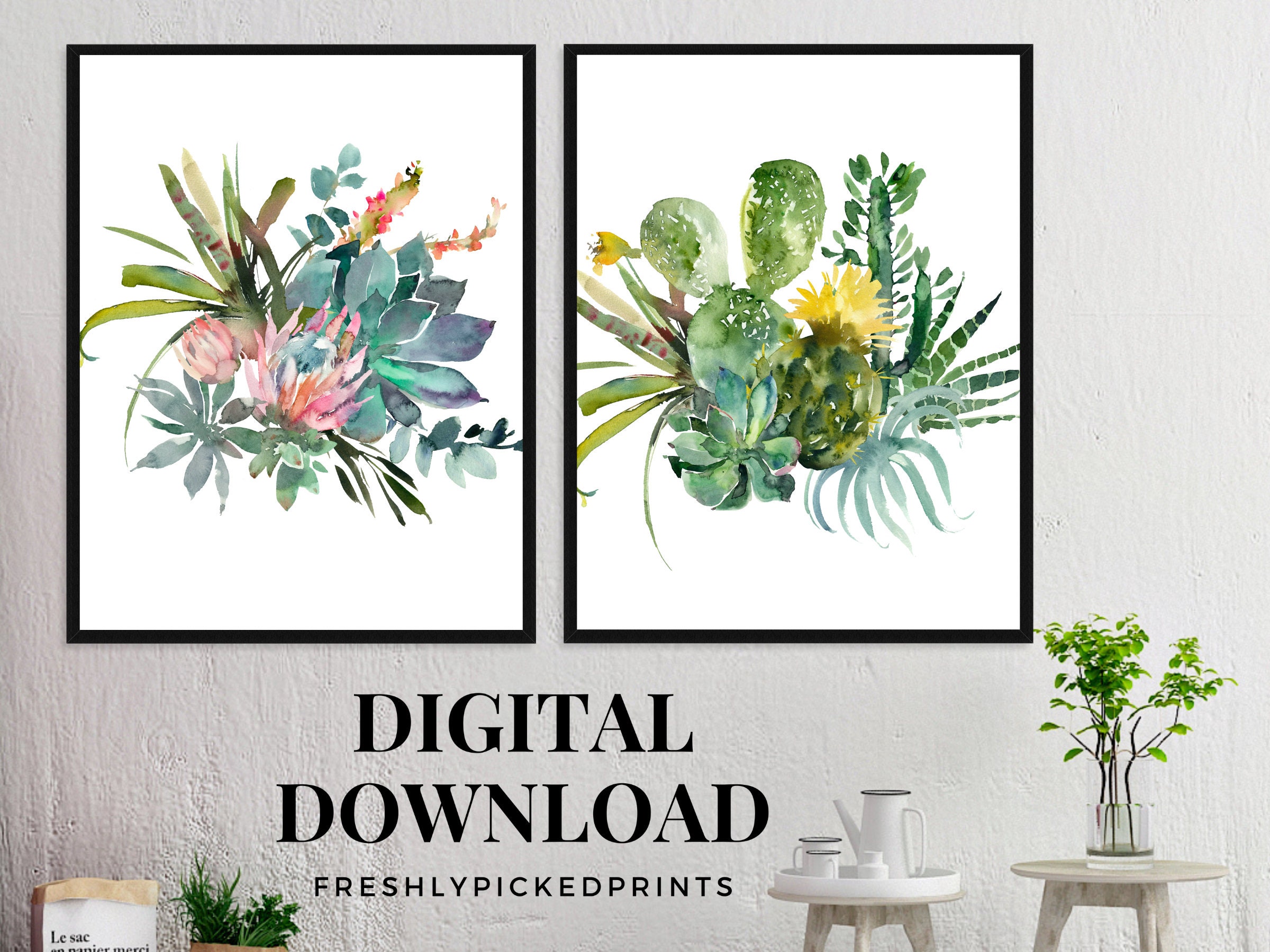 Watercolor Cactus Print | Succulent Art Printable Wall | Digital ...