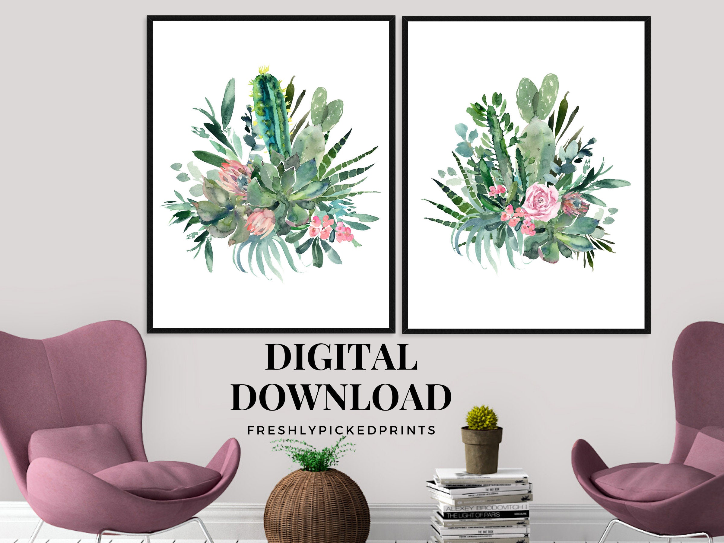 Watercolor Floral Decor Succulent Flower Bouquet Set of 2 | Etsy