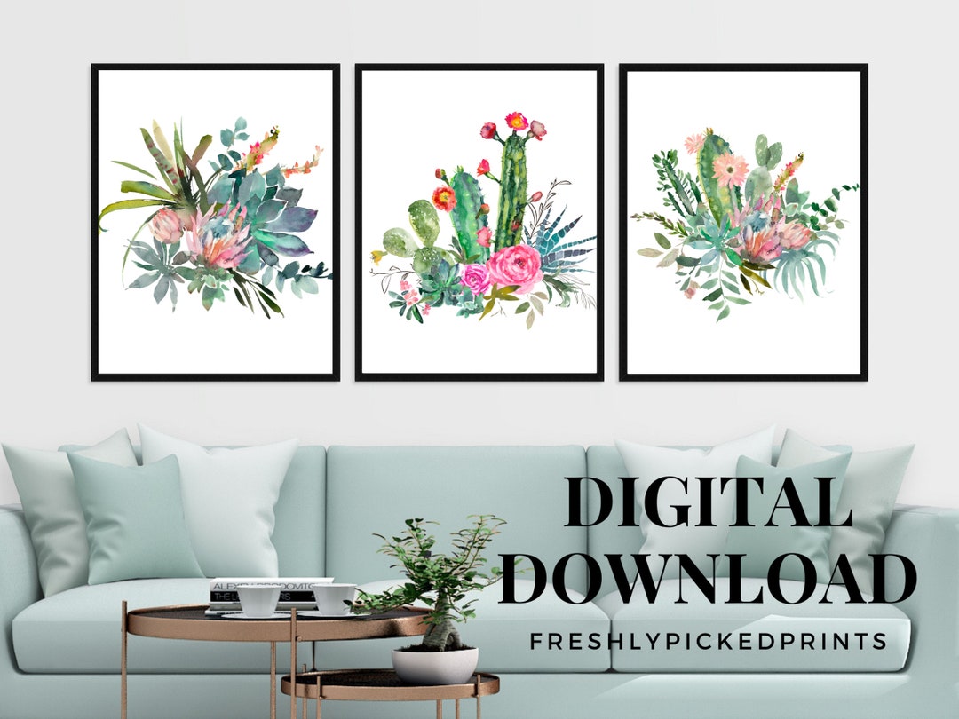 Watercolor Cactus Decor, Digital Succulent Printable Wall Downloadable ...