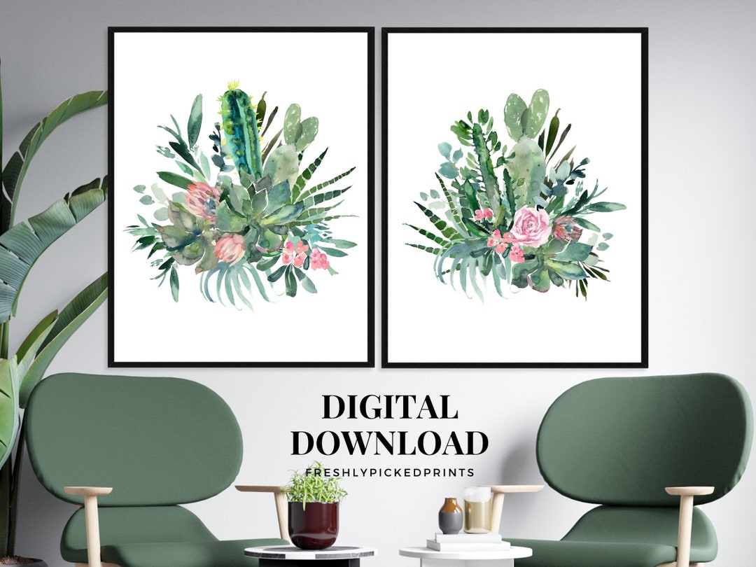 Watercolor Floral Decor, Succulent Flower Bouquet, Set of 2, Printable ...