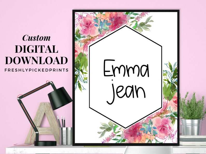 Floral Name Print Custom Name Emma Name Nursery Name | Etsy
