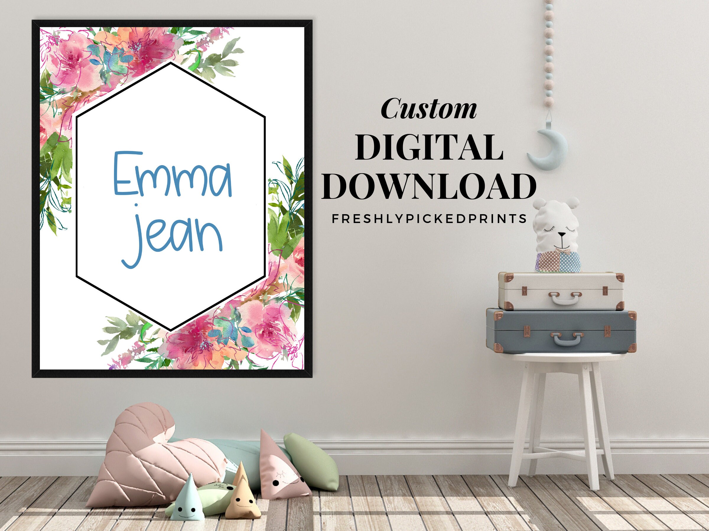 Floral Name Print Custom Name Emma Name Nursery Name | Etsy