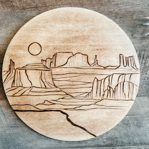 Boho Desert Circle Wall Art: Handcrafted Wood Burned Desert Mountains ...
