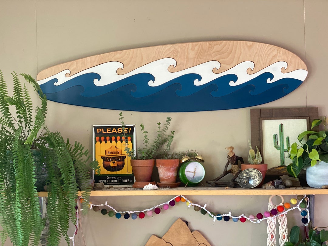 Handmade Blue Wave Longboard Wall Hanging Surf Decor Coastal Art Beach ...