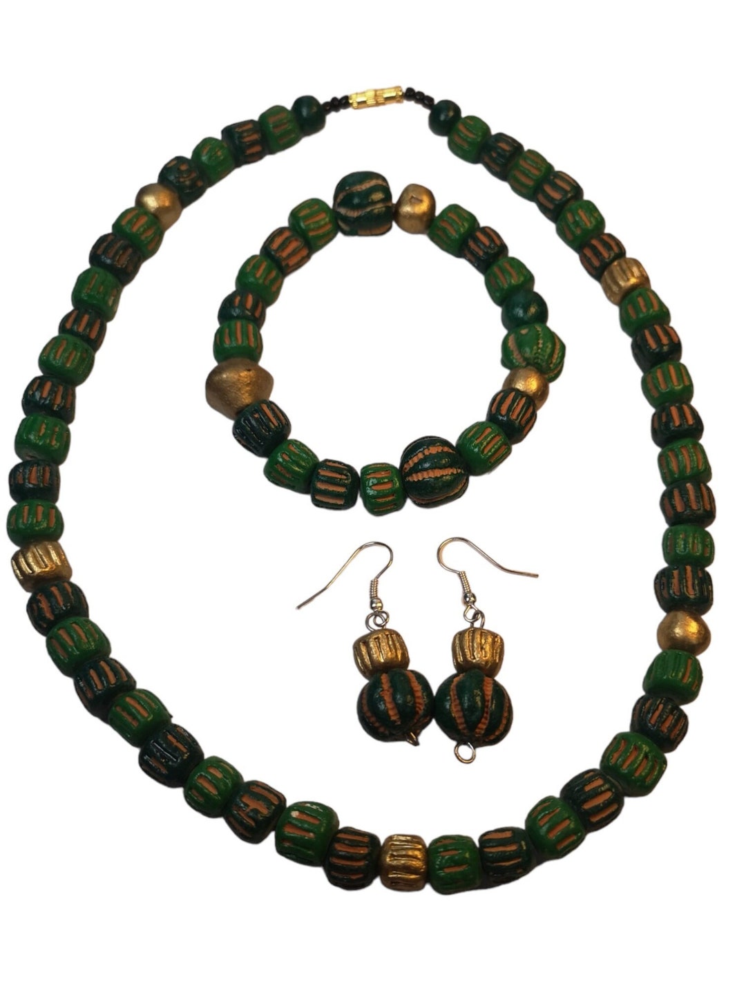 Green and Gold Clay Jewellery Set, Kenyan Jewellery Set, Green ...