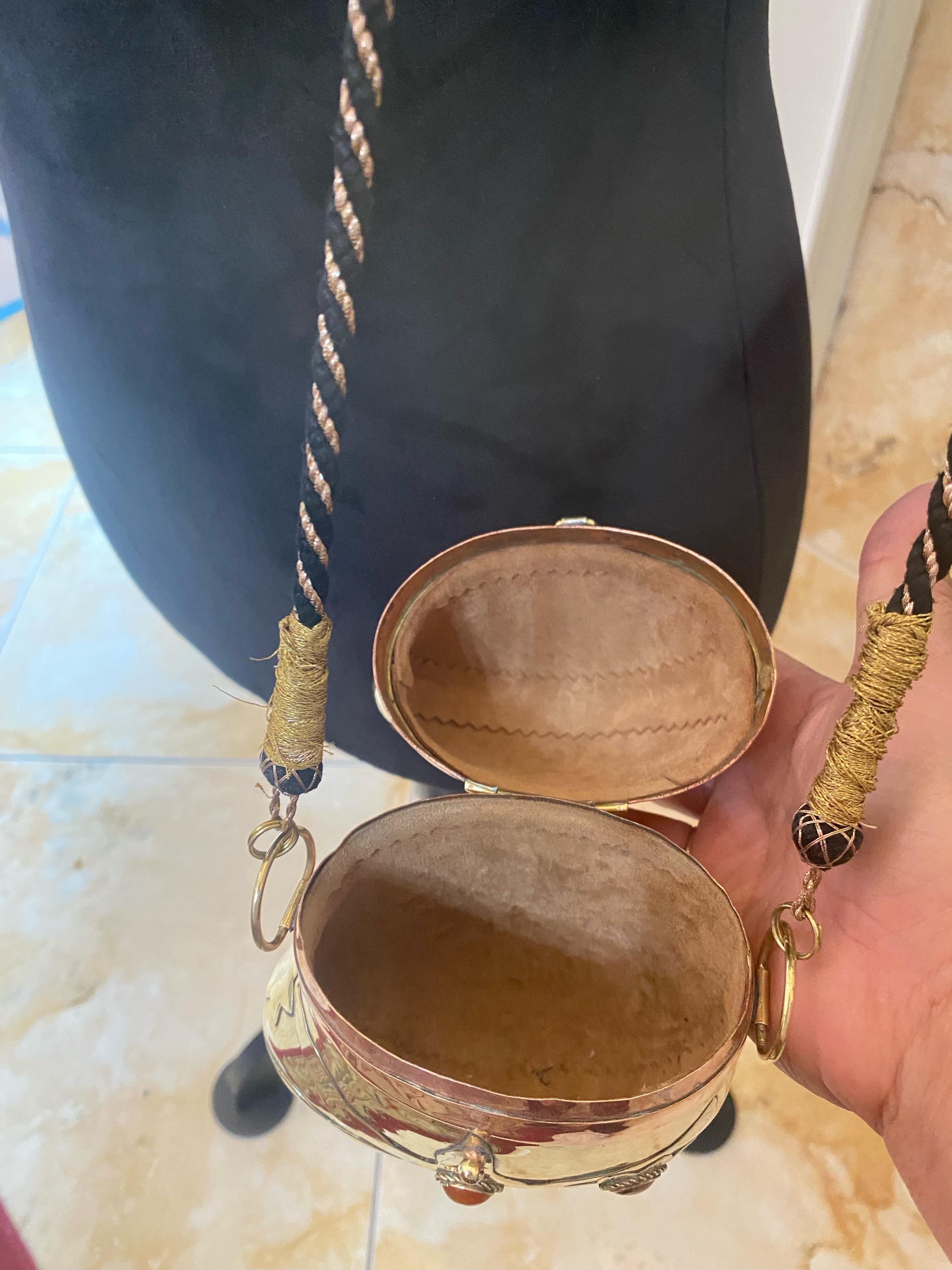 Vintage Kidney Shape Brass and Copper Shoulder Purse With Semi Precious ...