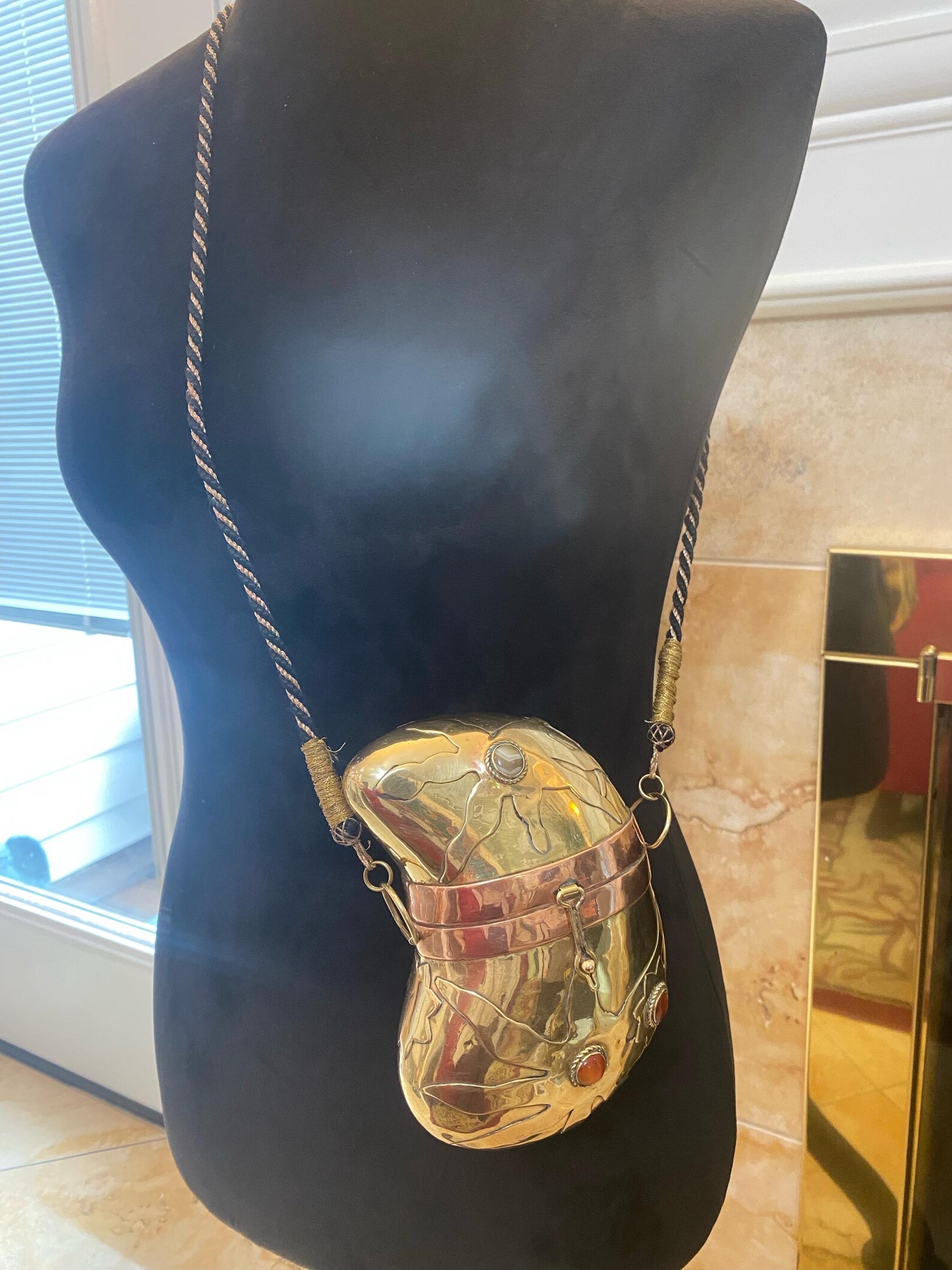 Vintage Kidney Shape Brass and Copper Shoulder Purse With Semi Precious ...