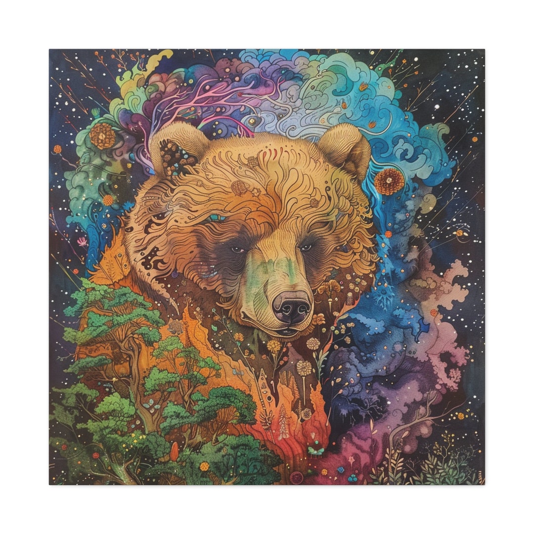 Boho Rainbow Abstract Aesthetic Grizzly Bear Print Wall Art Canvas ...