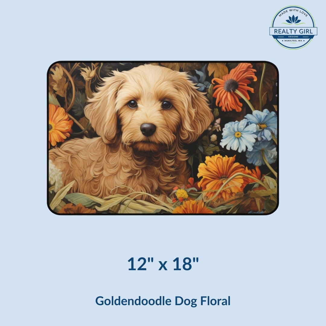 Goldendoodle Dog Desk Mat, Floral Art, Extended Mouse Pad, Gaming Desk ...
