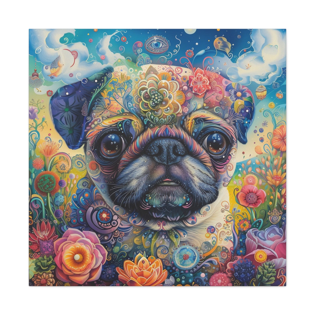 Boho Wall Art Pug Dog Aesthetic Abstract Art Print Colorful Floral ...