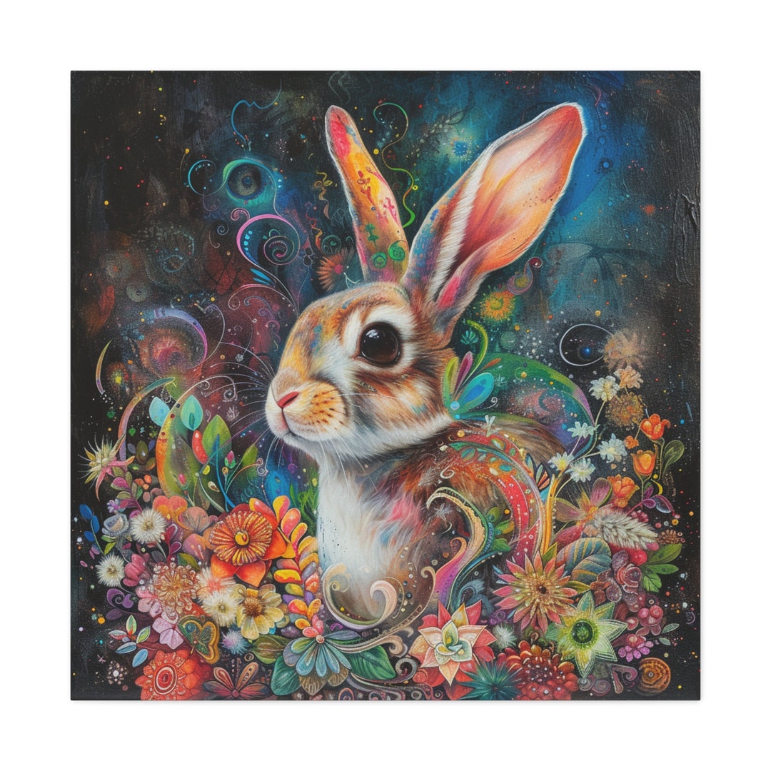 Floral Aesthetic Rabbit Abstract Art Print Canvas Wrap Boho Wall Art ...