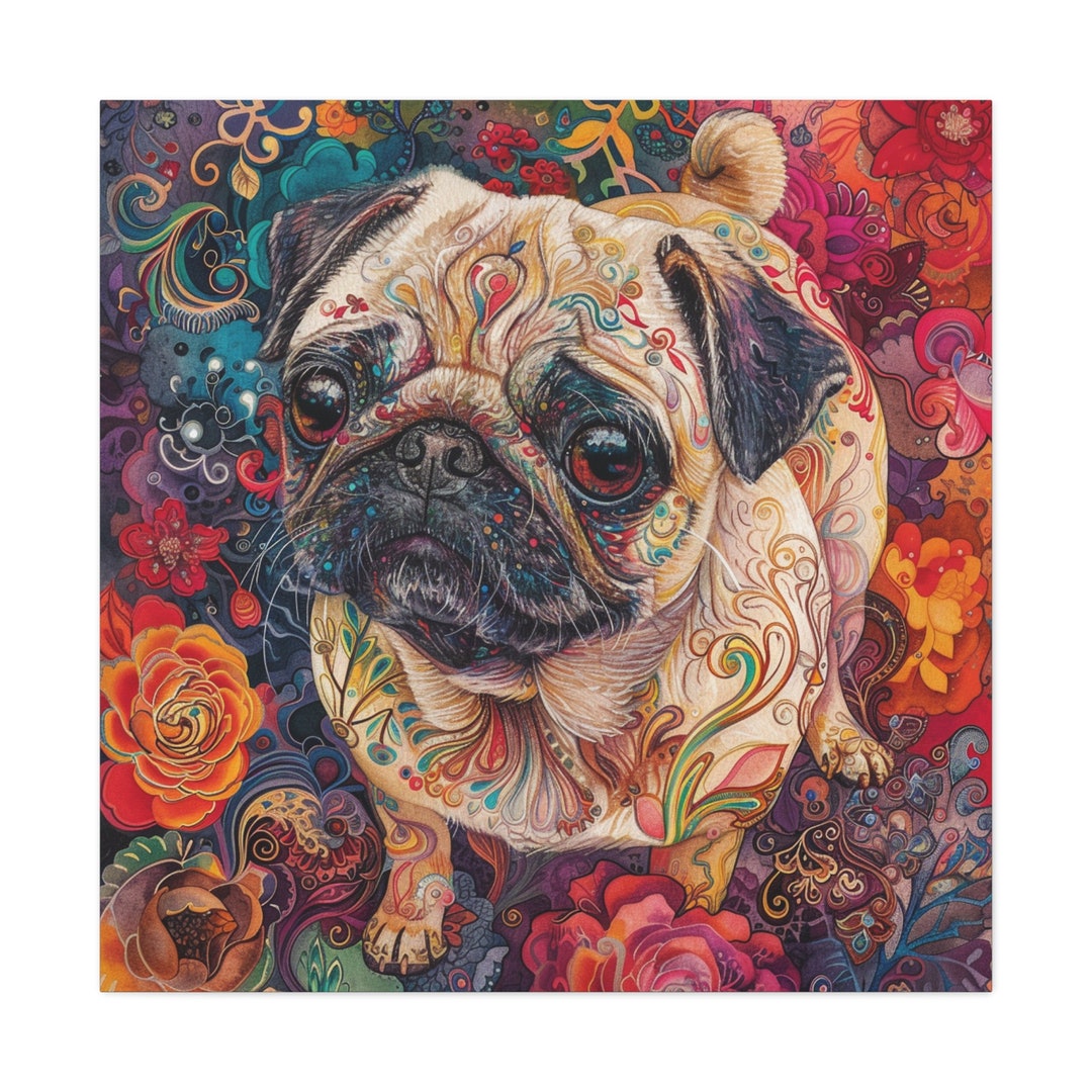 Aesthetic Abstract Pug Dog Art Print Colorful Canvas Wrap Boho Wall Art ...