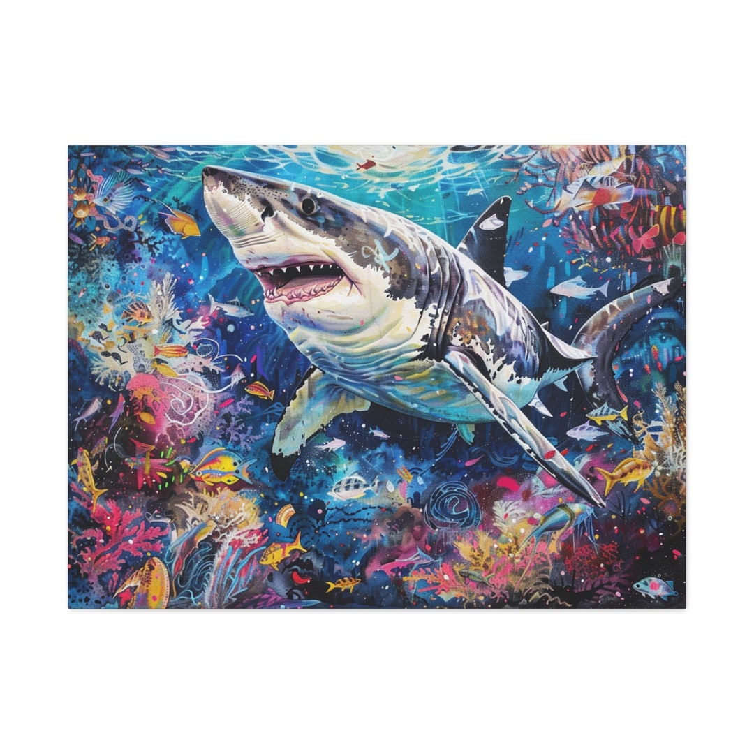 Great White Shark Painting Rainbow Boho Pop Art Gallery Wrap Canvas ...
