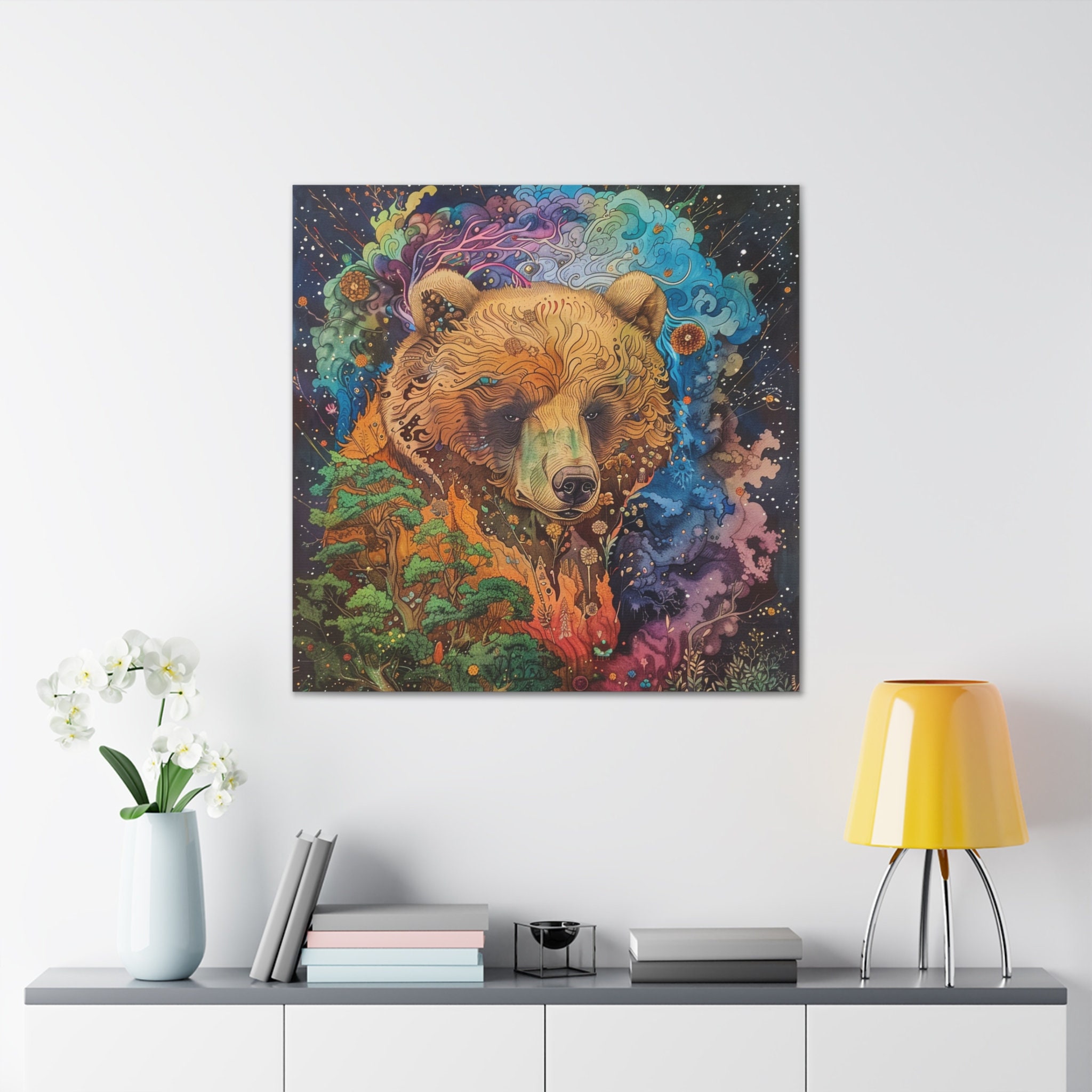 Boho Rainbow Abstract Aesthetic Grizzly Bear Print Wall Art Canvas ...