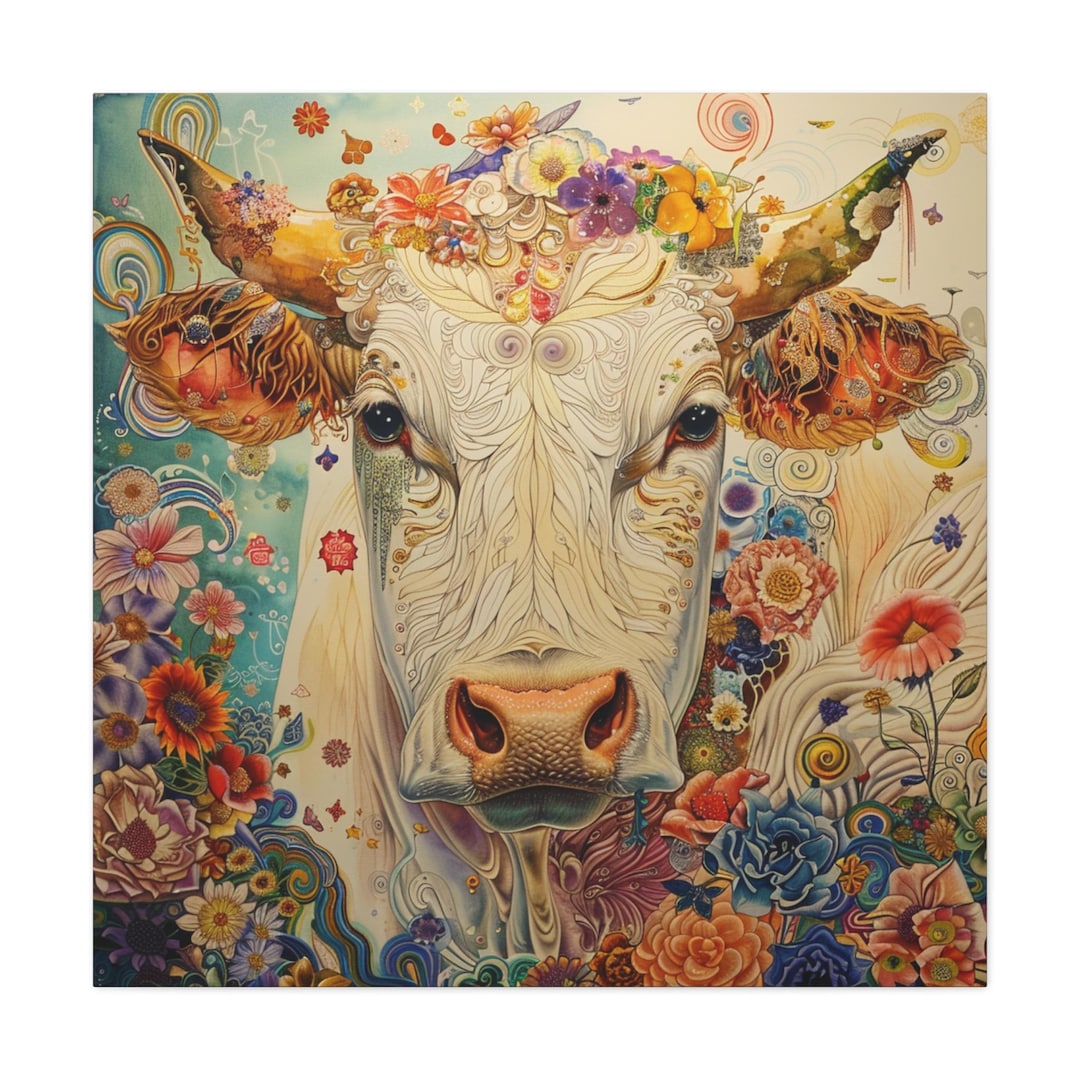 Floral Rainbow Aesthetic Cow Print Boho Abstract Wall Art Canvas ...