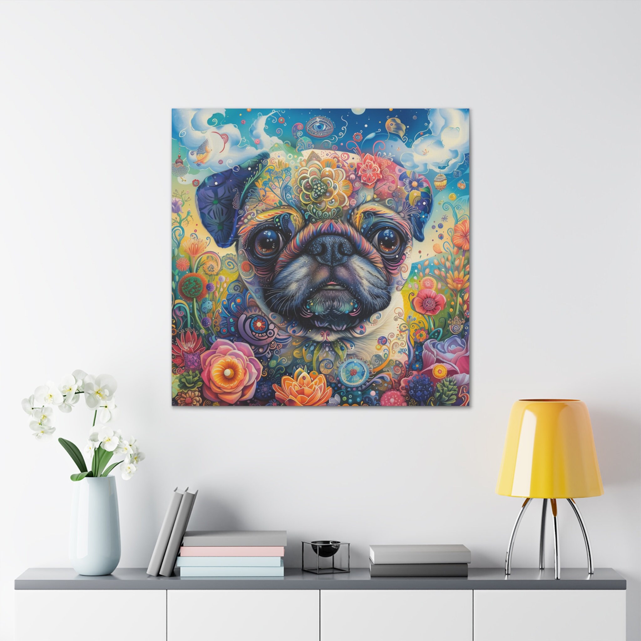 Boho Wall Art Pug Dog Aesthetic Abstract Art Print Colorful Floral ...