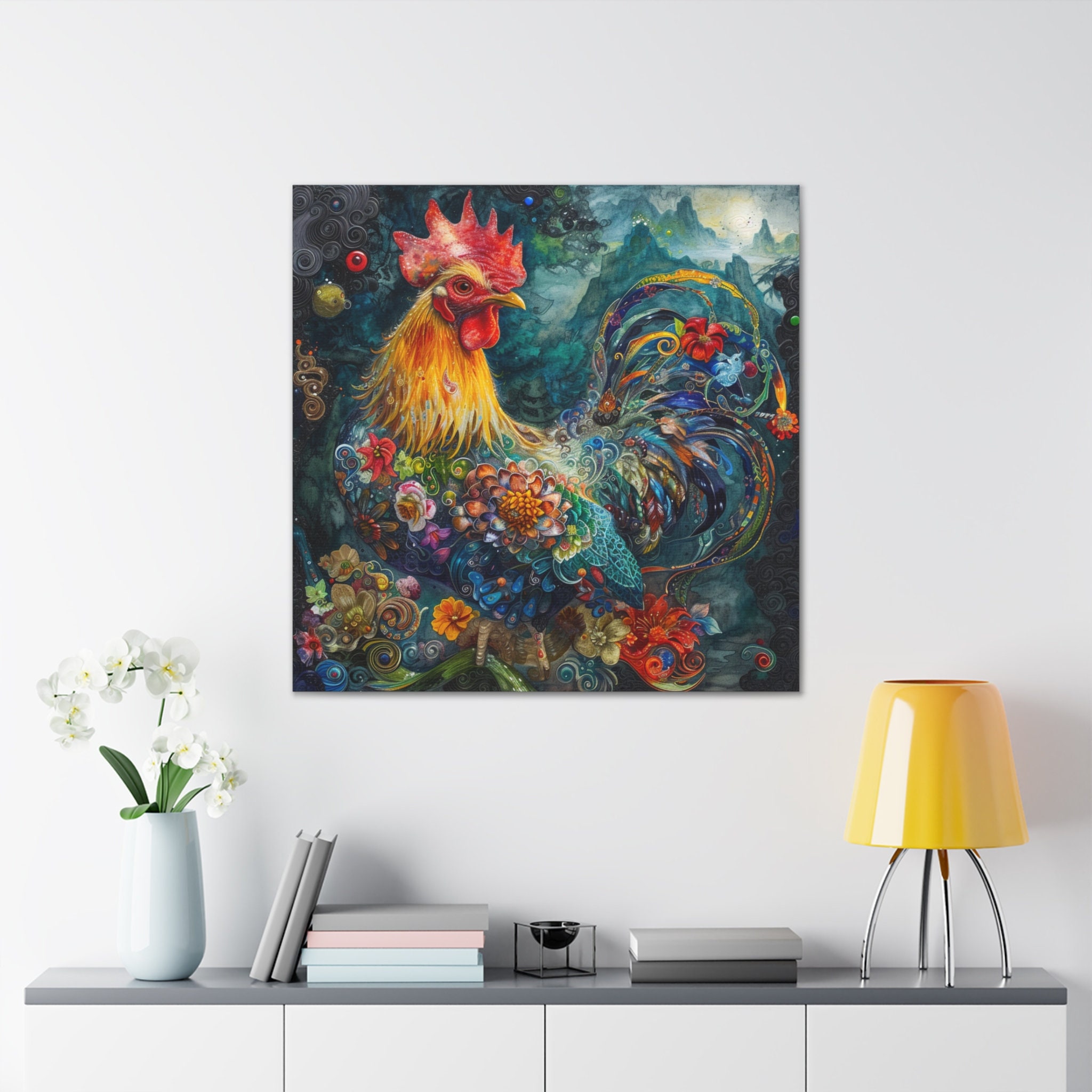Colorful Rooster Aesthetic Abstract Art Print Canvas Wrap Boho Wall Art ...