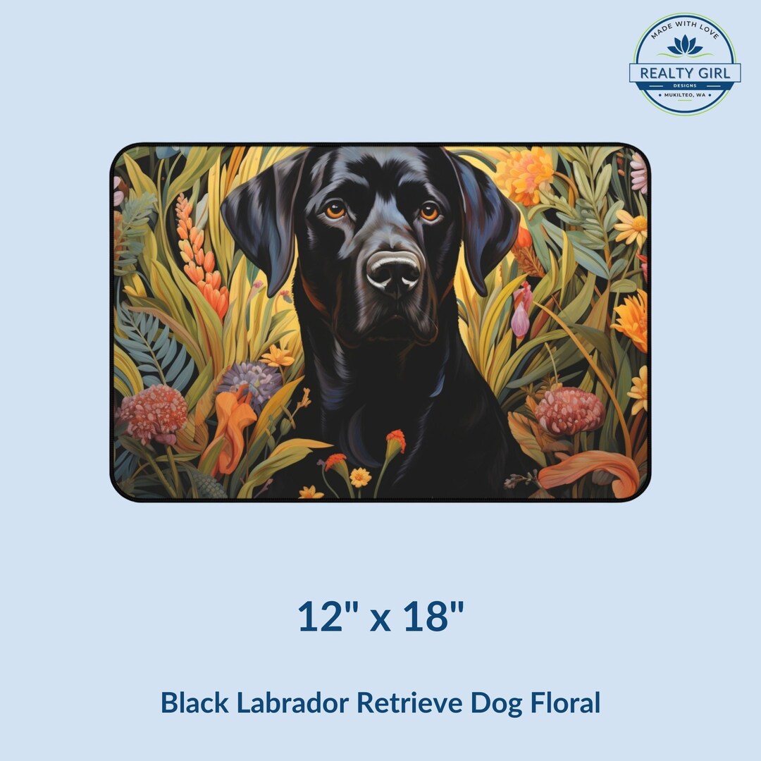 Black Labrador Retriever Dog Desk Mat, Floral Art, Extended Mouse Pad ...
