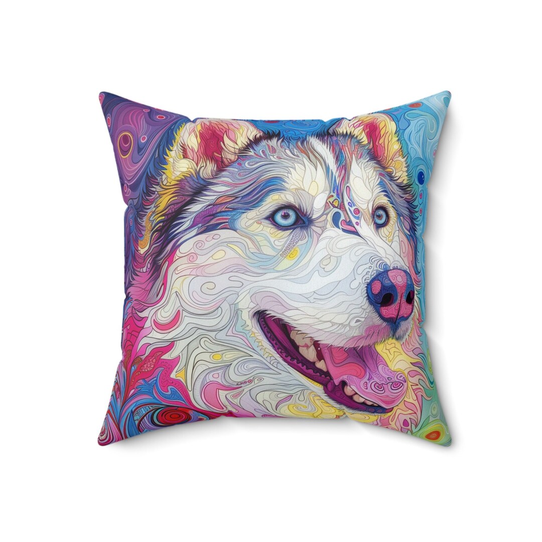 Boho Rainbow Pop Art Siberian Husky Dog Square Throw Pillow Colorful ...