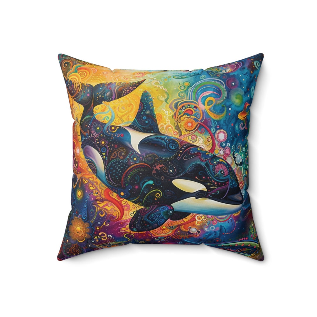 Orca Whale Boho Print Rainbow Pop Art Square Throw Pillow Colorful Home ...