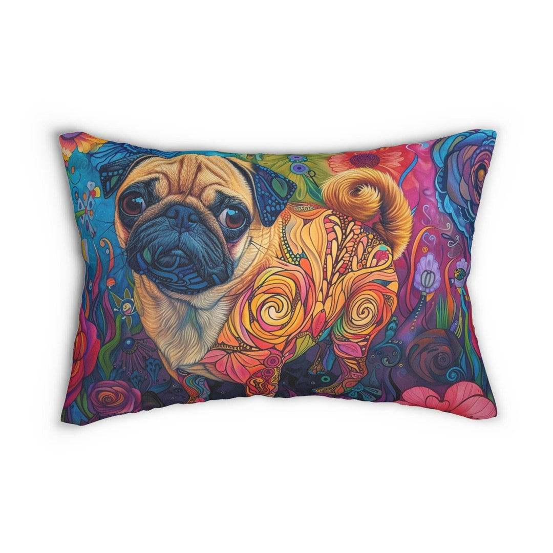 Abstract Pug Dog Floral Art Lumbar Couch Throw Pillow, Colorful Home ...