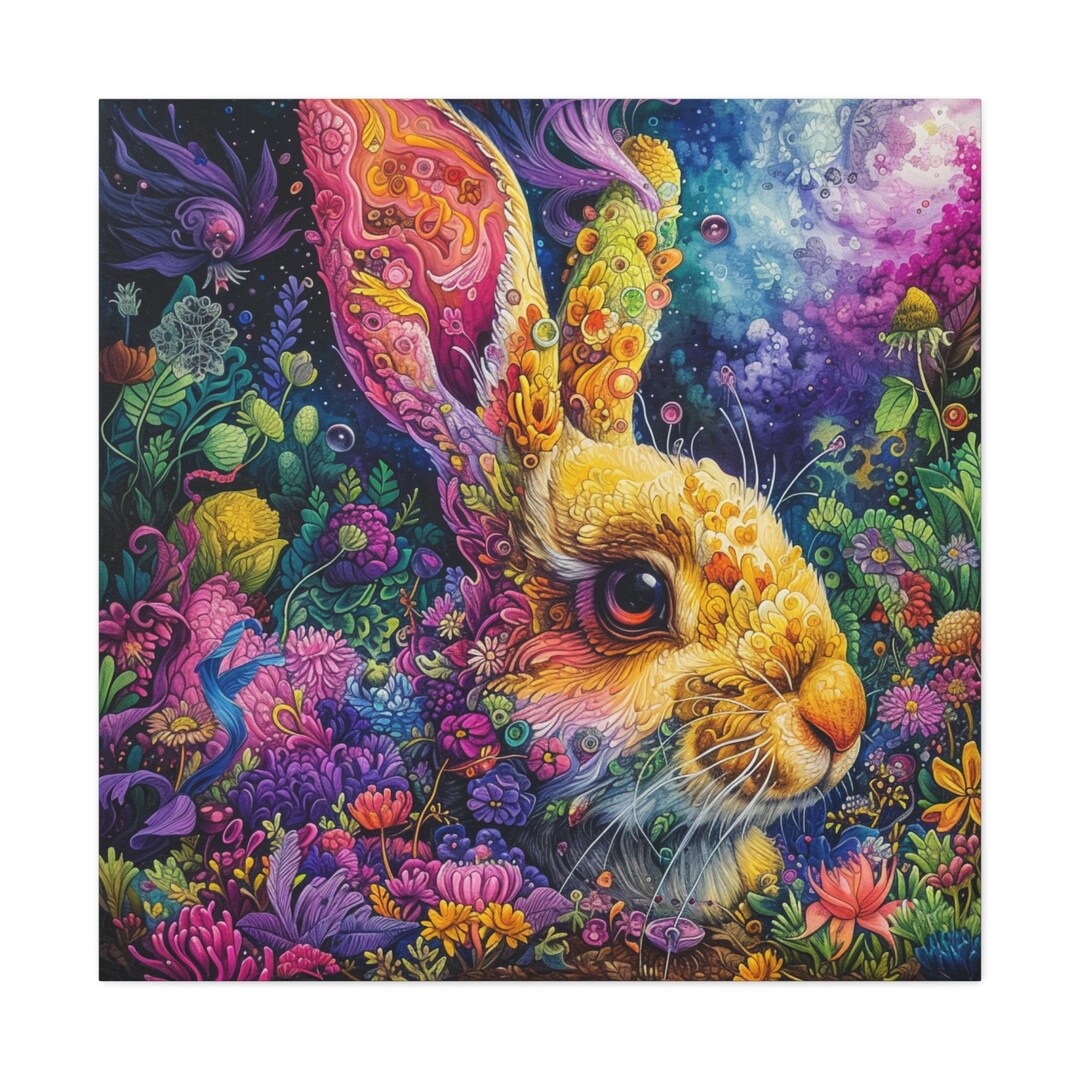 Boho Floral Rabbit Aesthetic Abstract Art Print Canvas Wrap Wall Art ...