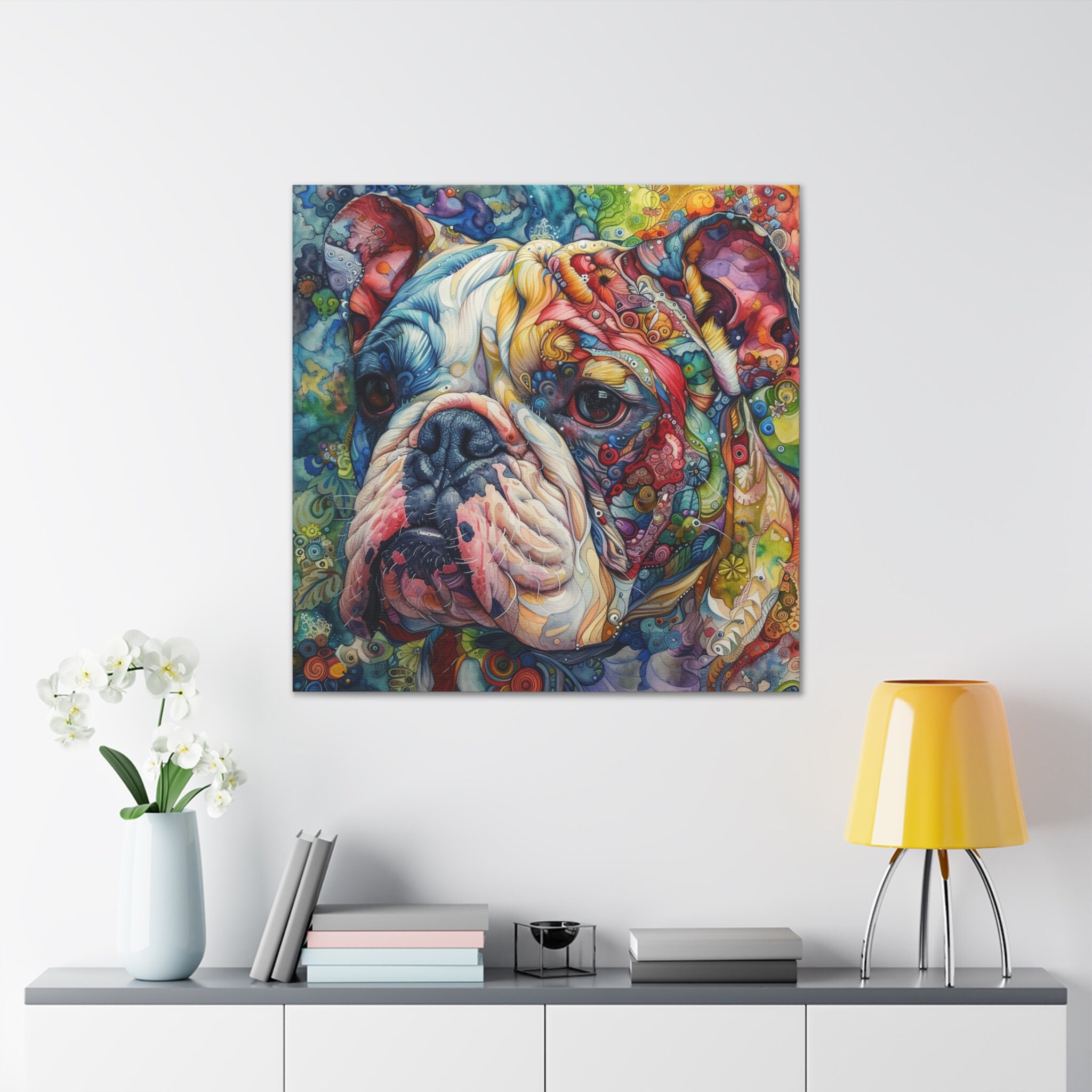 Boho Wall Art Bulldog Aesthetic Abstract Art Print Colorful Canvas Wrap ...