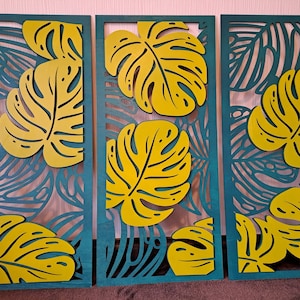 3D Large Set of 3 Panels, Monstera, Wood Wall Art Decor, Leaves, Screen ...