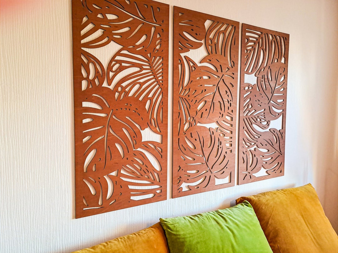 3D Large Set of 3 Panels, Monstera, Wood Wall Art Decor, Leaves, Screen ...