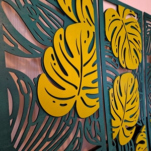 3D Large Set of 3 Panels, Monstera, Wood Wall Art Decor, Leaves, Screen ...