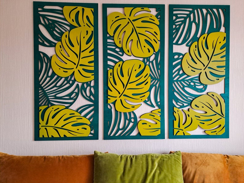 3D Large Set of 3 Panels Monstera Wood Wall Art Decor - Etsy