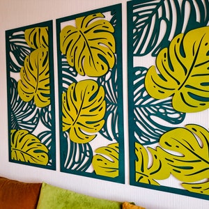 3D Large Set of 3 Panels, Monstera, Wood Wall Art Decor, Leaves, Screen ...