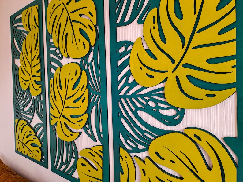 3D Large Set of 3 Panels, Monstera, Wood Wall Art Decor, Leaves, Screen ...