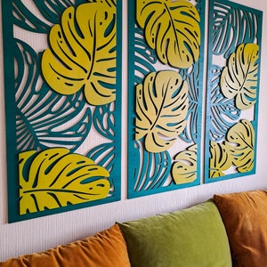 3D Large Set of 3 Panels, Monstera, Wood Wall Art Decor, Leaves, Screen ...