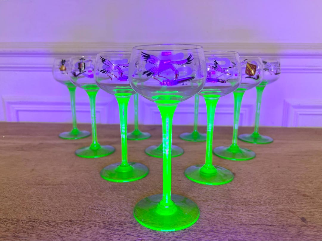 Set of 10 Vintage Uranium (uraline) Glass Glasses With Hand Painted ...