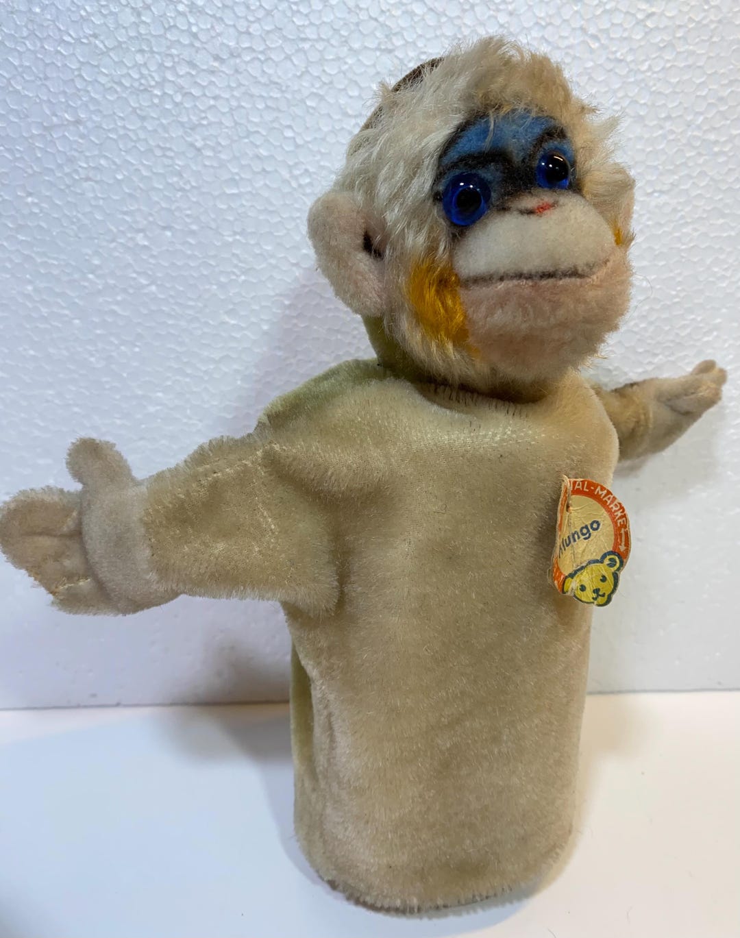 VNTG Steiff Mohair Mungo Monkey Hand Puppet Blue Eyes Germany Plush Toy ...