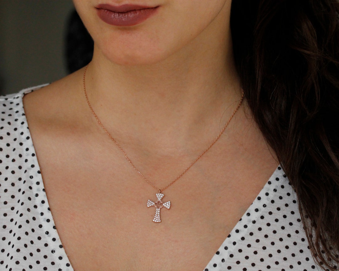 Rose Gold Cross Necklace 925 Sterling Silver - Etsy